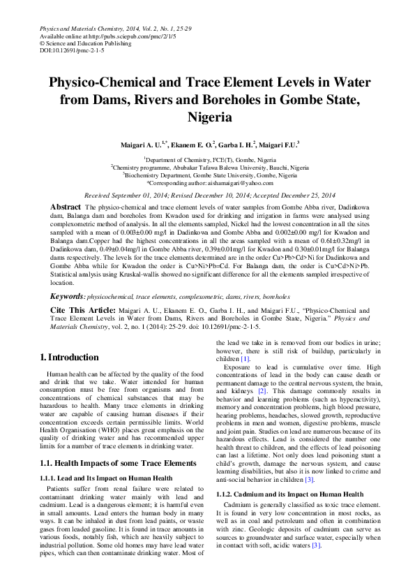 (PDF) Physico-Chemical and Trace Element Levels in Water from Dams ...