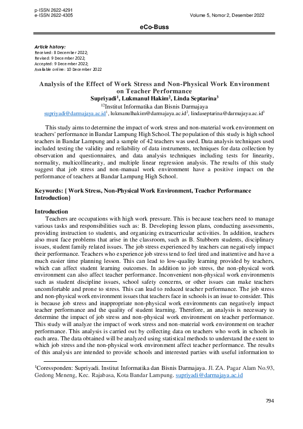 (PDF) Analysis of the Effect of Work Stress and Non-Physical Work ...