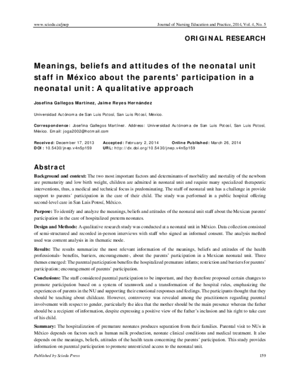(PDF) Meanings, beliefs and attitudes of the neonatal unit staff in México about the parents ...