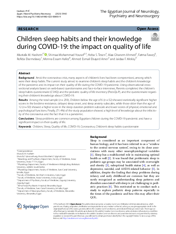 (PDF) Children sleep habits and their knowledge during COVID-19: the ...