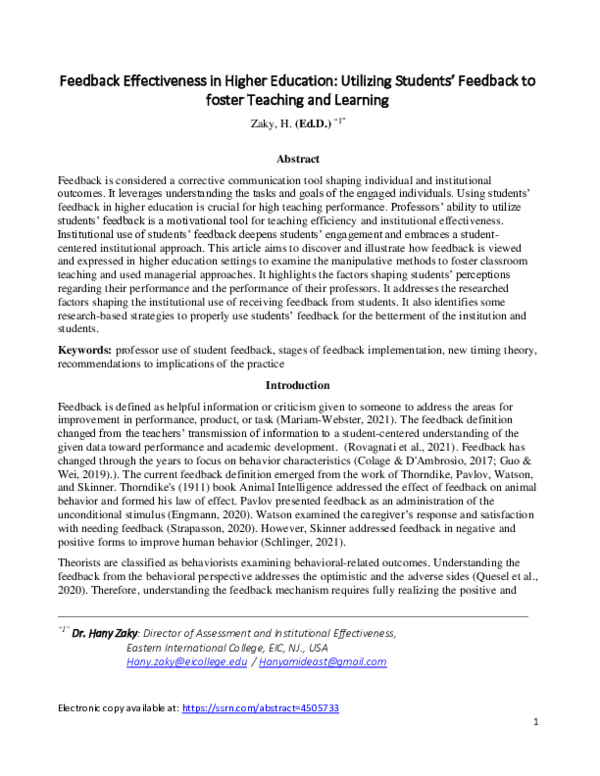 (PDF) Feedback Effectiveness in Higher Education: Utilizing Students' Feedback to foster ...