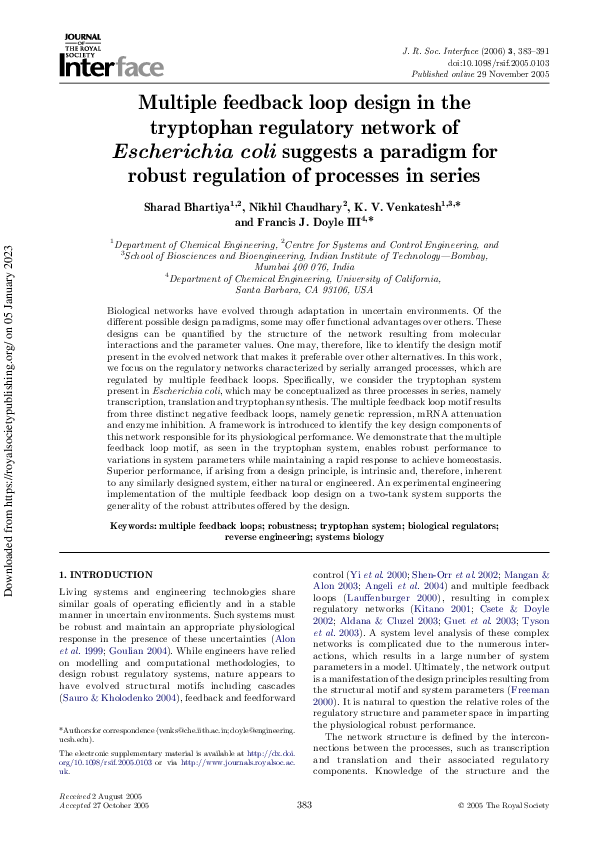 (PDF) Multiple feedback loop design in the tryptophan regulatory network of Escherichia coli ...