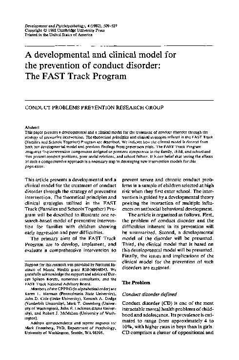 (PDF) A developmental and clinical model for the prevention of conduct disorder: The FAST Track ...