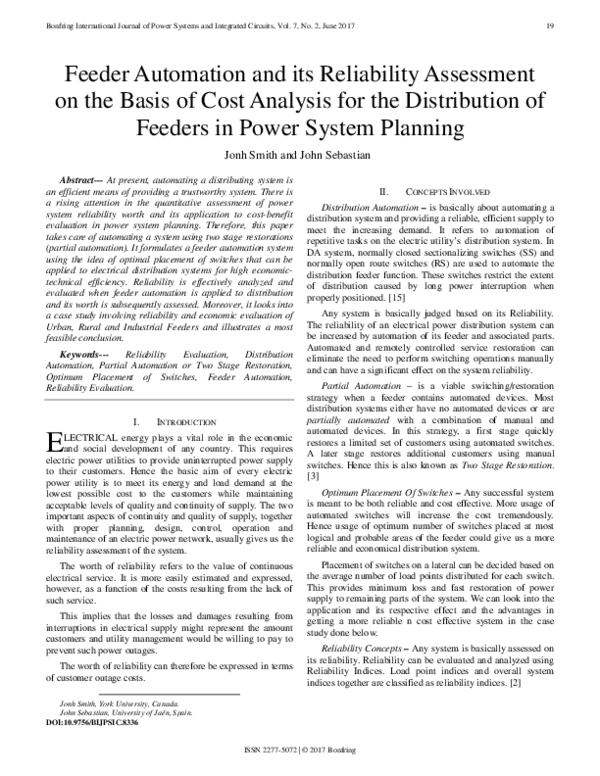 (PDF) Feeder Automation and its Reliability Assessment on the Basis of Cost Analysis for the ...