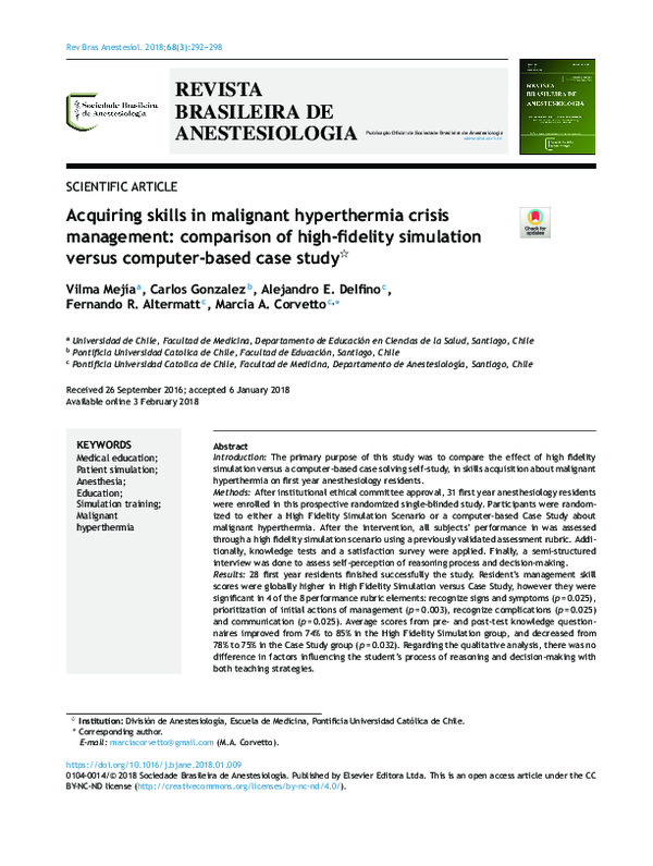 (PDF) [Acquiring skills in malignant hyperthermia crisis management: comparison of high-fidelity ...