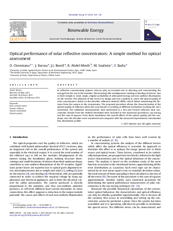 (PDF) Optical performance of solar reflective concentrators: A simple method for optical assessment