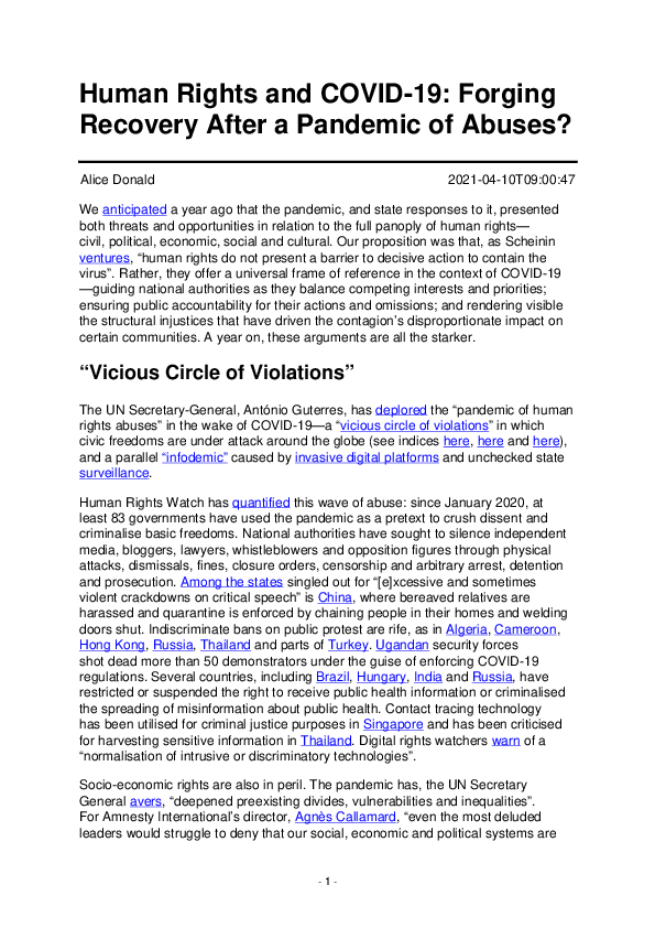 (PDF) Human Rights and COVID-19: Forging Recovery After a Pandemic of ...