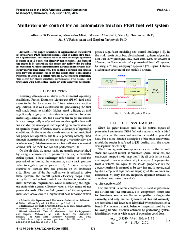 (PDF) Multi-variable control for an automotive traction PEM fuel cell system