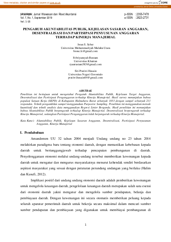 (PDF) Pengaruh Akuntabilitas Publik, Kejelasan Sasaran Anggaran ... (PDF) Pengaruh Akuntabilitas Publik, Kejelasan Sasaran Anggaran ...