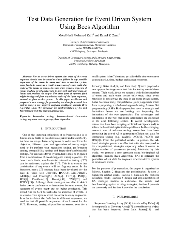 Pdf Test Data Generation For Event Driven System Using Bees Algorithm