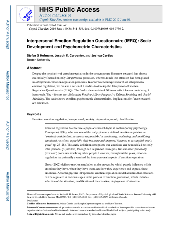 (PDF) Interpersonal Emotion Regulation Questionnaire (IERQ): Scale Development and Psychometric ...