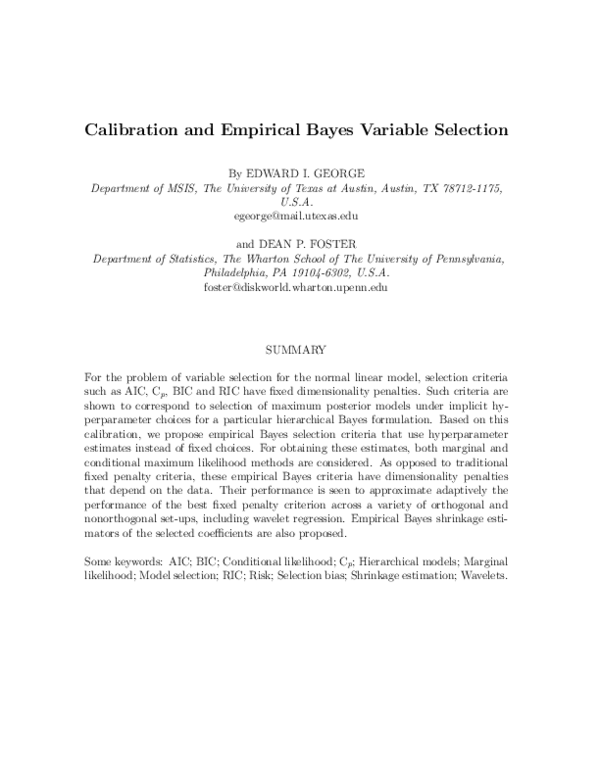 Pdf Calibration And Empirical Bayes Variable Selection