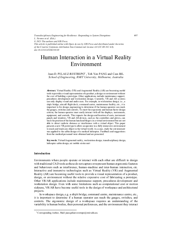 (PDF) Human Interaction in a Virtual Reality Environment