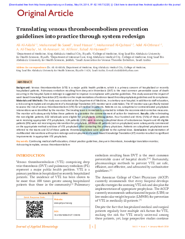 (PDF) VTE Prevention Guidelines Implementation