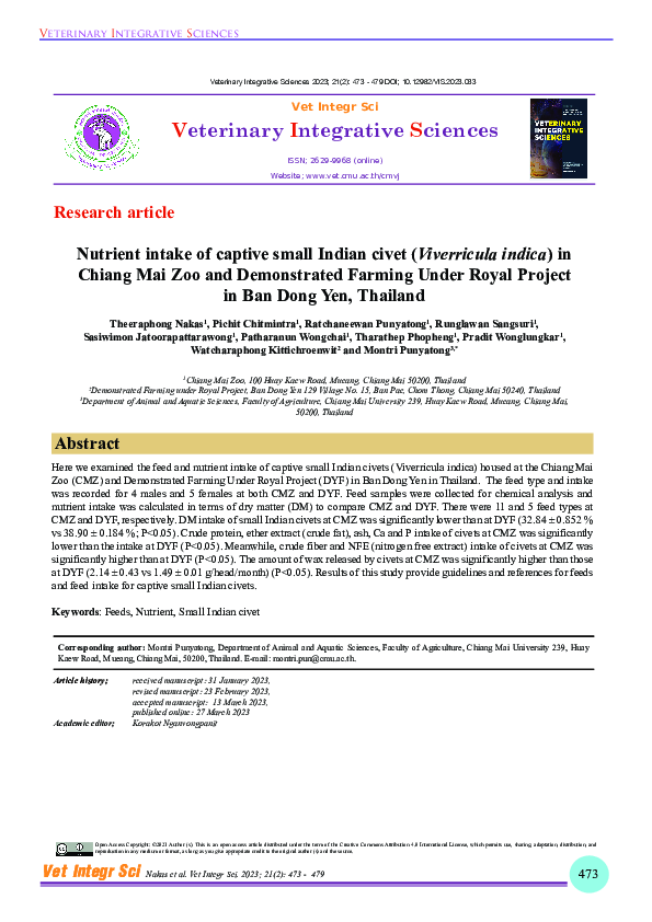 (PDF) Nutrient intake of captive small Indian civet (Viverricula indica ...