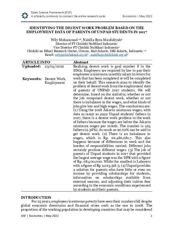 (PDF) Identifying the Decent Work Problem Based on the Employment Data ...