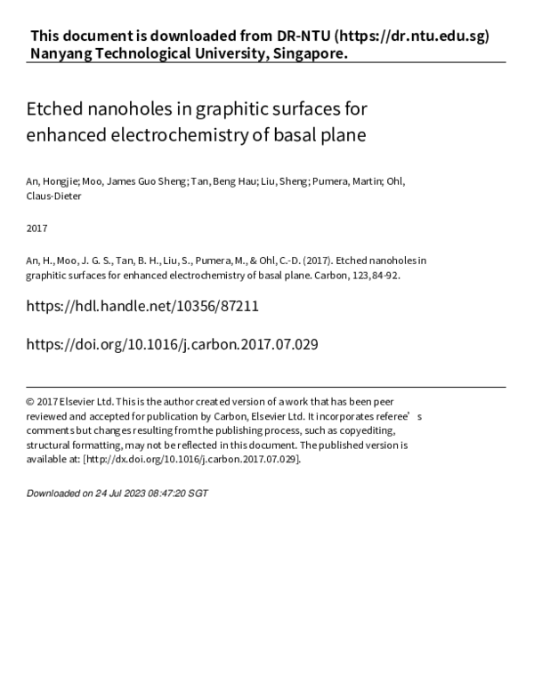 (PDF) Etched nanoholes in graphitic surfaces for enhanced electrochemistry of basal plane
