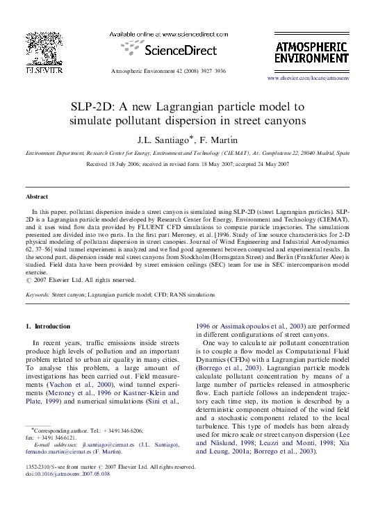 (PDF) SLP-2D: A new Lagrangian particle model to simulate pollutant dispersion in street canyons