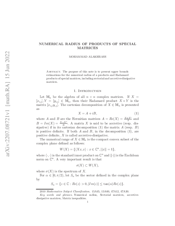 (PDF) Numerical Radius of Products of Special Matrices