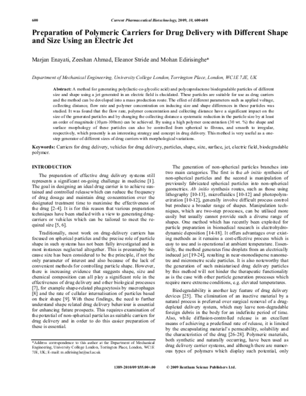 Pdf Preparation Of Polymeric Carriers For Drug Delivery With Different Shape And Size Using An