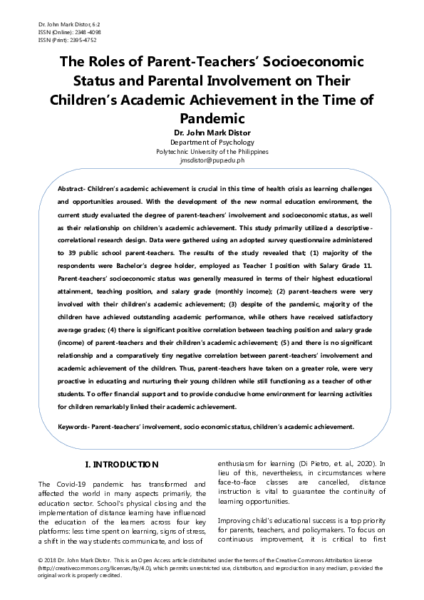 (PDF) The Roles of Parent-Teachers' Socioeconomic Status and Parental Involvement on Their ...