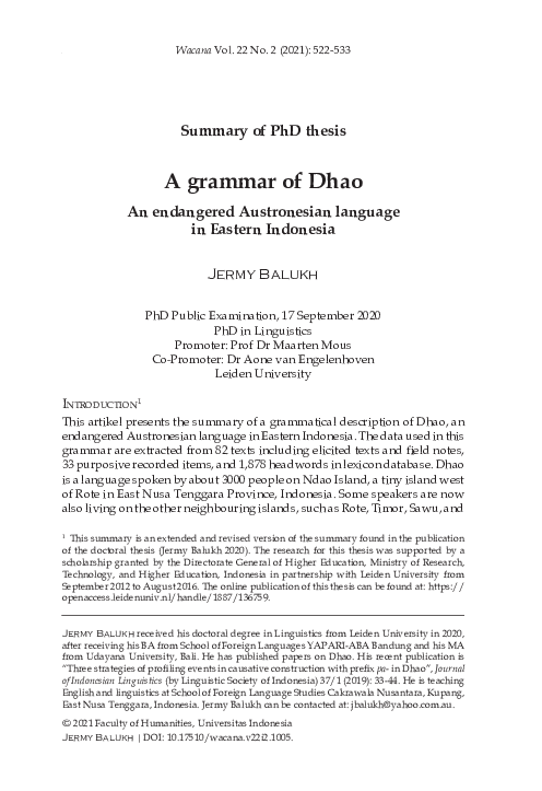 (PDF) A grammar of Dhao An endangered Austronesian language in Eastern ...