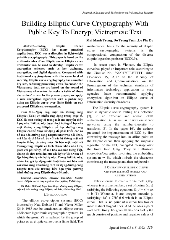 (PDF) Building Elliptic Curve Cryptography With Public Key To Encrypt Vietnamese Text