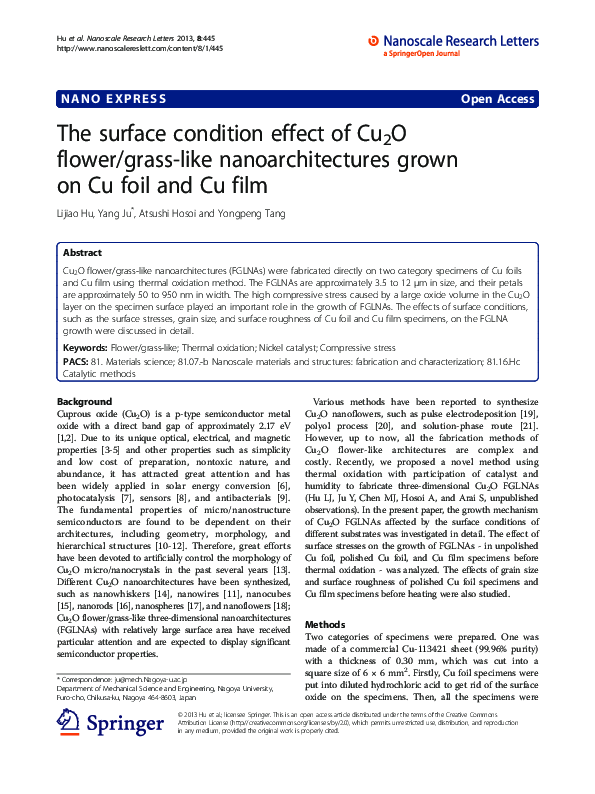 (PDF) The surface condition effect of Cu2O flower/grass-like ...