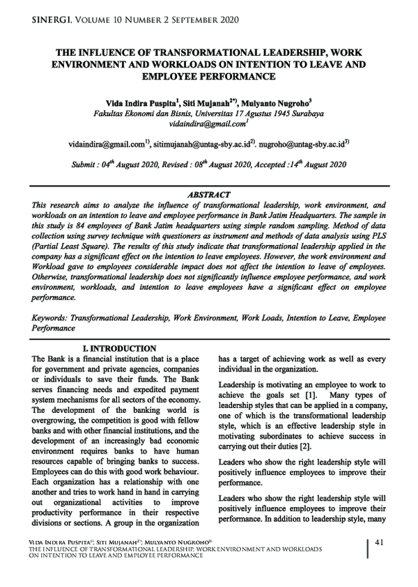 (PDF) The Influence Of Transformational Leadership, Work Environment And Workloads On Intention ...