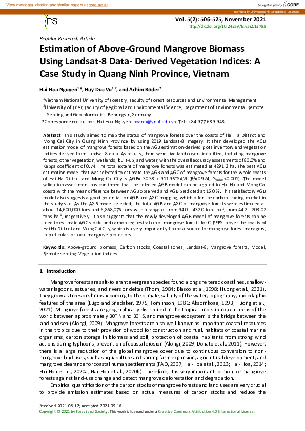 Pdf Estimation Of Above Ground Mangrove Biomass Using Landsat 8 Data Derived Vegetation