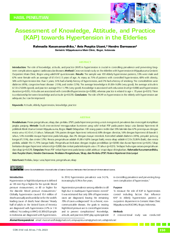 (PDF) Assessment of Knowledge, Attitude, and Practice (KAP) towards Hypertension in the Elderlies