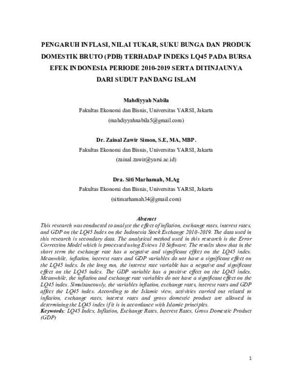 (PDF) Pengaruh Inflasi, Nilai Tukar, Suku Bunga Dan Produk Domestik Bruto (PDB) Terhadap Indeks ...