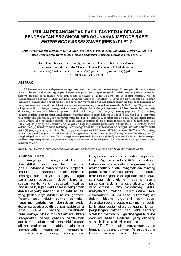 (PDF) Usulan Perancangan Fasilitas Kerja Dengan Pendekatan Ergonomi Menggunakan Metode Rapid ...