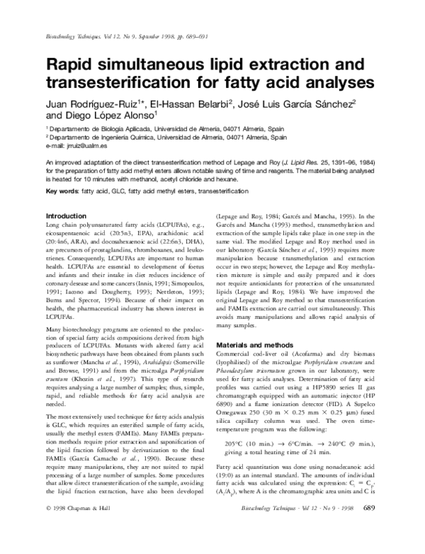 (PDF) Rapid simultaneous lipid extraction and transesterification for fatty acid analyses