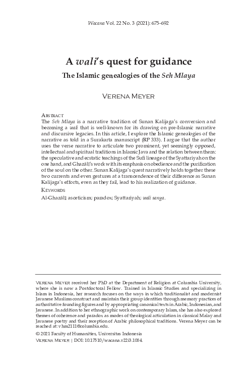 (PDF) A wali's quest for guidance The Islamic genealogies of the Seh Mlaya