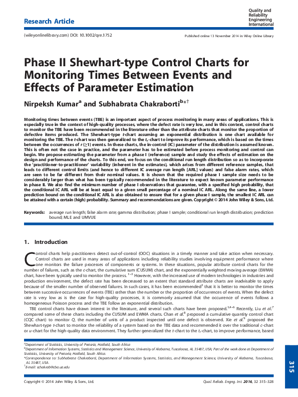 (PDF) Phase II Shewhart-type Control Charts for Monitoring Times Between Events and Effects of ...