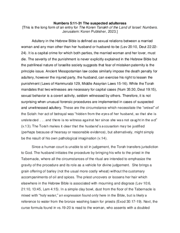 (PDF) Numbers 5 -- The Ordeal of the Accused Adulteress in Its Ancient ...