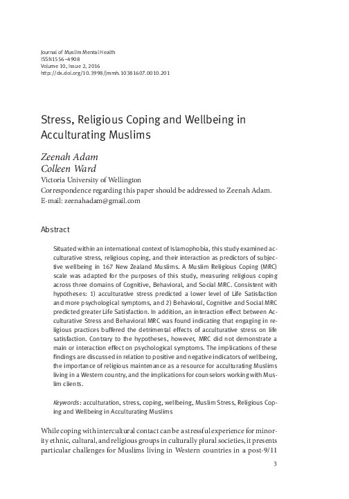 (PDF) Stress, Religious Coping and Wellbeing in Acculturating Muslims