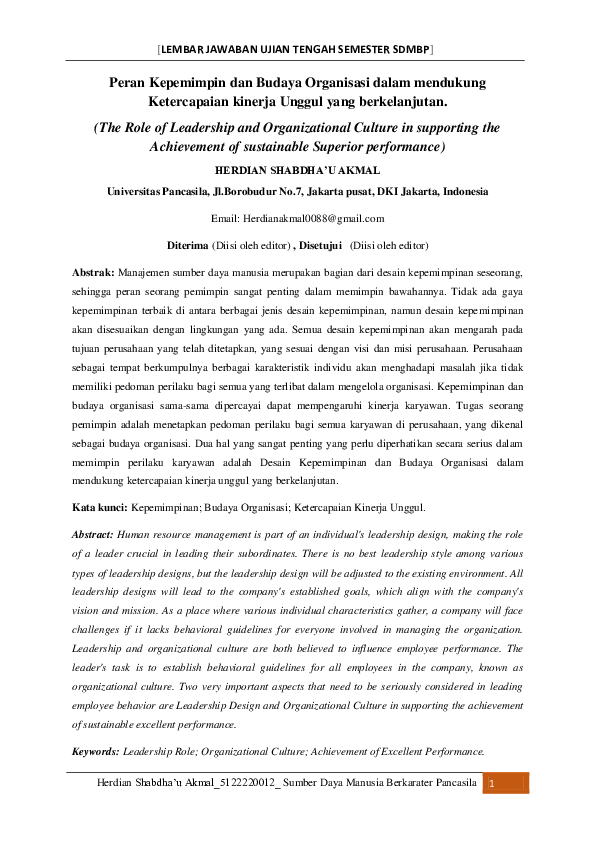 (PDF) Peran Kepemimpin dan Budaya Organisasi dalam mendukungKetercapaian kinerja Unggul yang ...