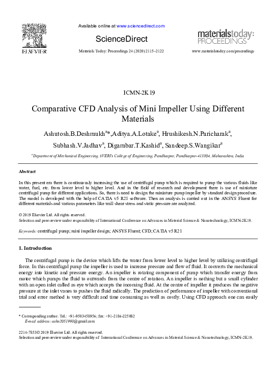 (PDF) Comparative CFD Analysis of Mini Impeller Using Different Materials