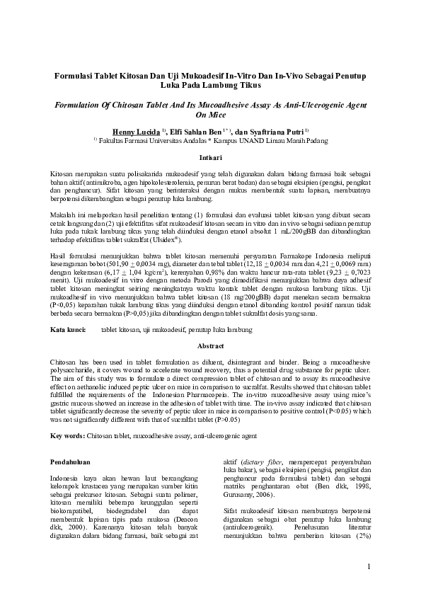 (DOC) Formulasi Tablet Kitosan Dan Uji Mukoadesif In-Vitro Dan In-Vivo ...