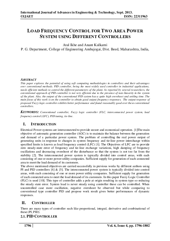 Pdf Load Frequency Control For Two Area Power System Using Different