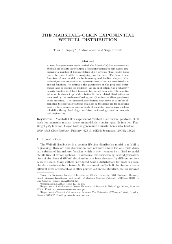 Pdf The Marshall Olkin Exponential Weibull Distribution