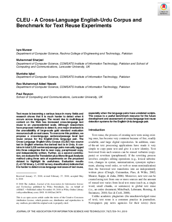 (PDF) CLEU: A Benchmark Corpus for English-Urdu Text Reuse Detection