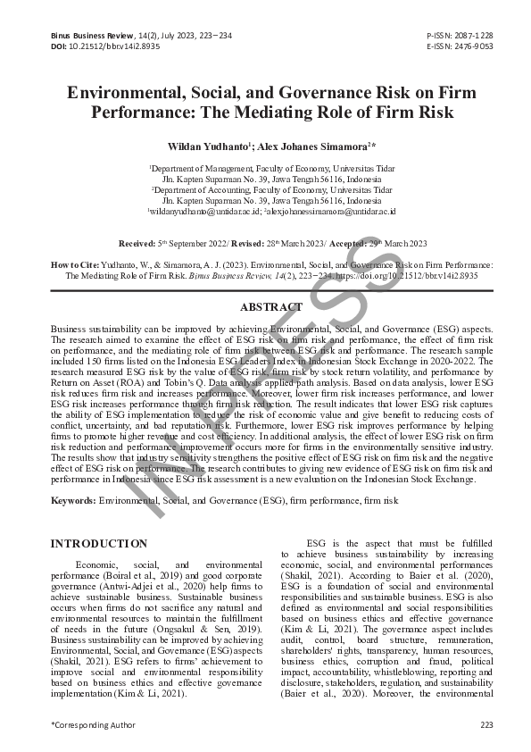 (PDF) Environmental, Social, and Governance Risk on Firm Performance: The Mediating Role of Firm ...