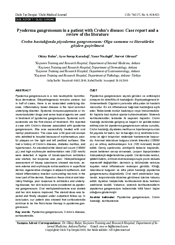 Pdf Pyoderma Gangrenosum In A Patient With Crohns Disease Case