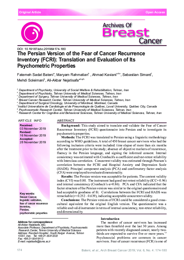 (PDF) The Persian Version of the Fear of Cancer Recurrence Inventory (FCRI): Translation and ...