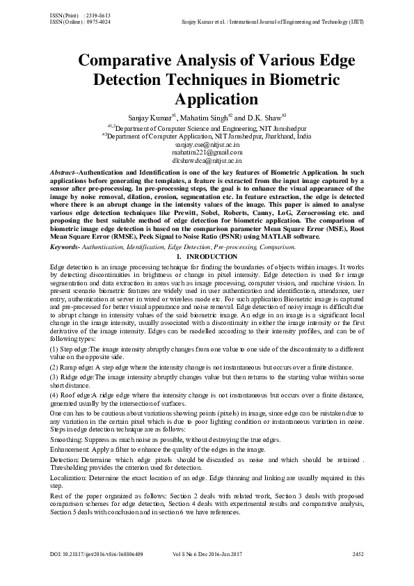 Pdf Comparative Analysis Of Various Edge Detection Techniques In Biometric Application