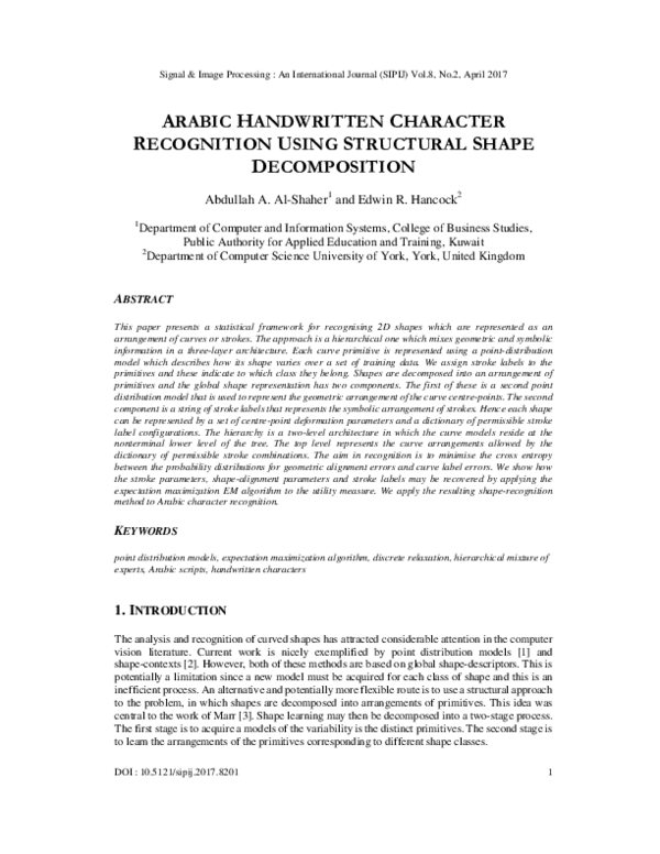 (PDF) Arabic Handwritten Character Recognition Using Structural Shape Decomposition