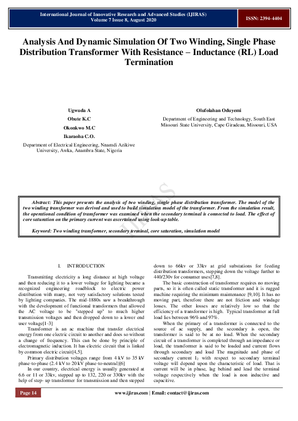 (PDF) Analysis And Dynamic Simulation Of Two Winding, Single Phase Distribution Transformer With ...
